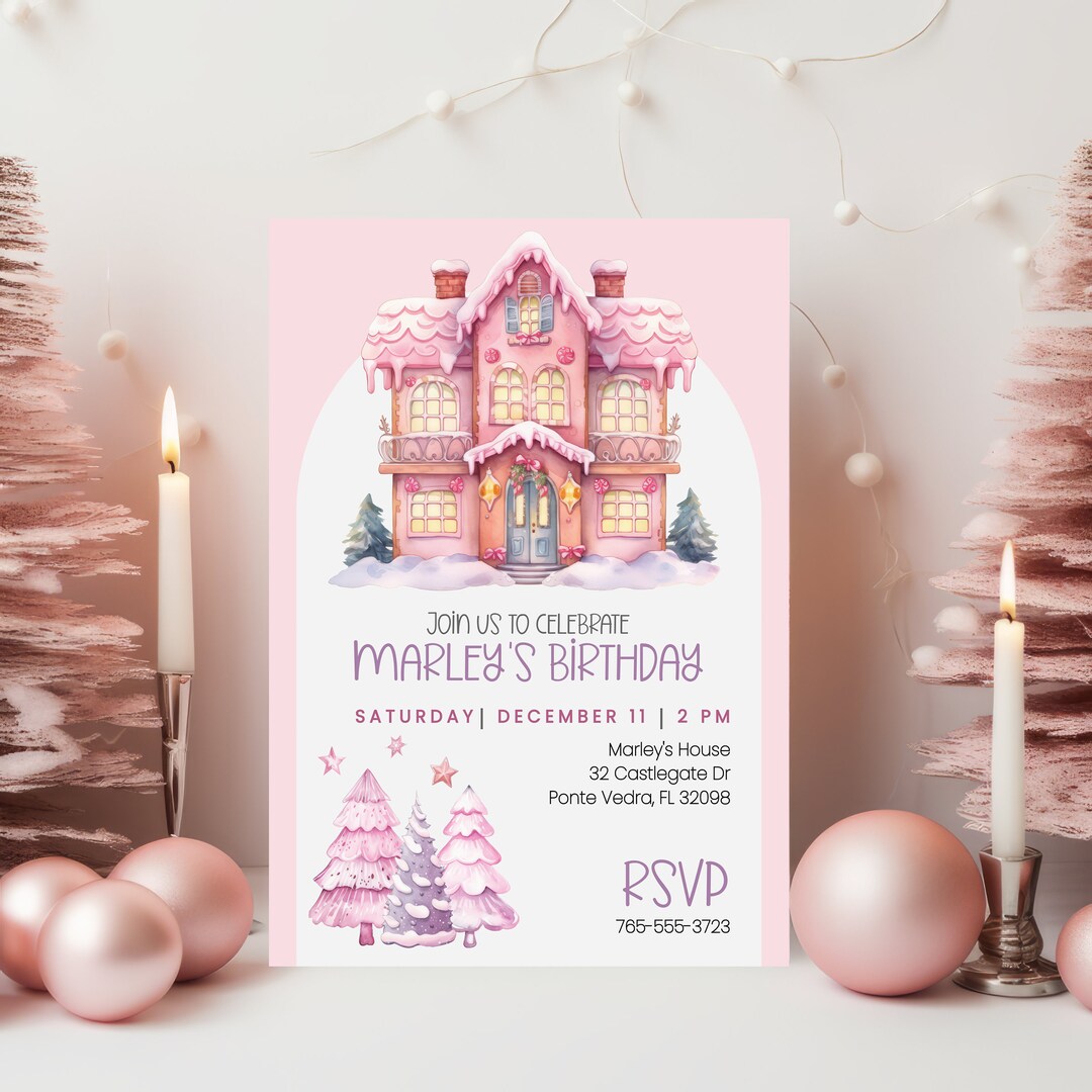 Pink Christmas Birthday Party Invitation, Pink Whimsical, Pink ...