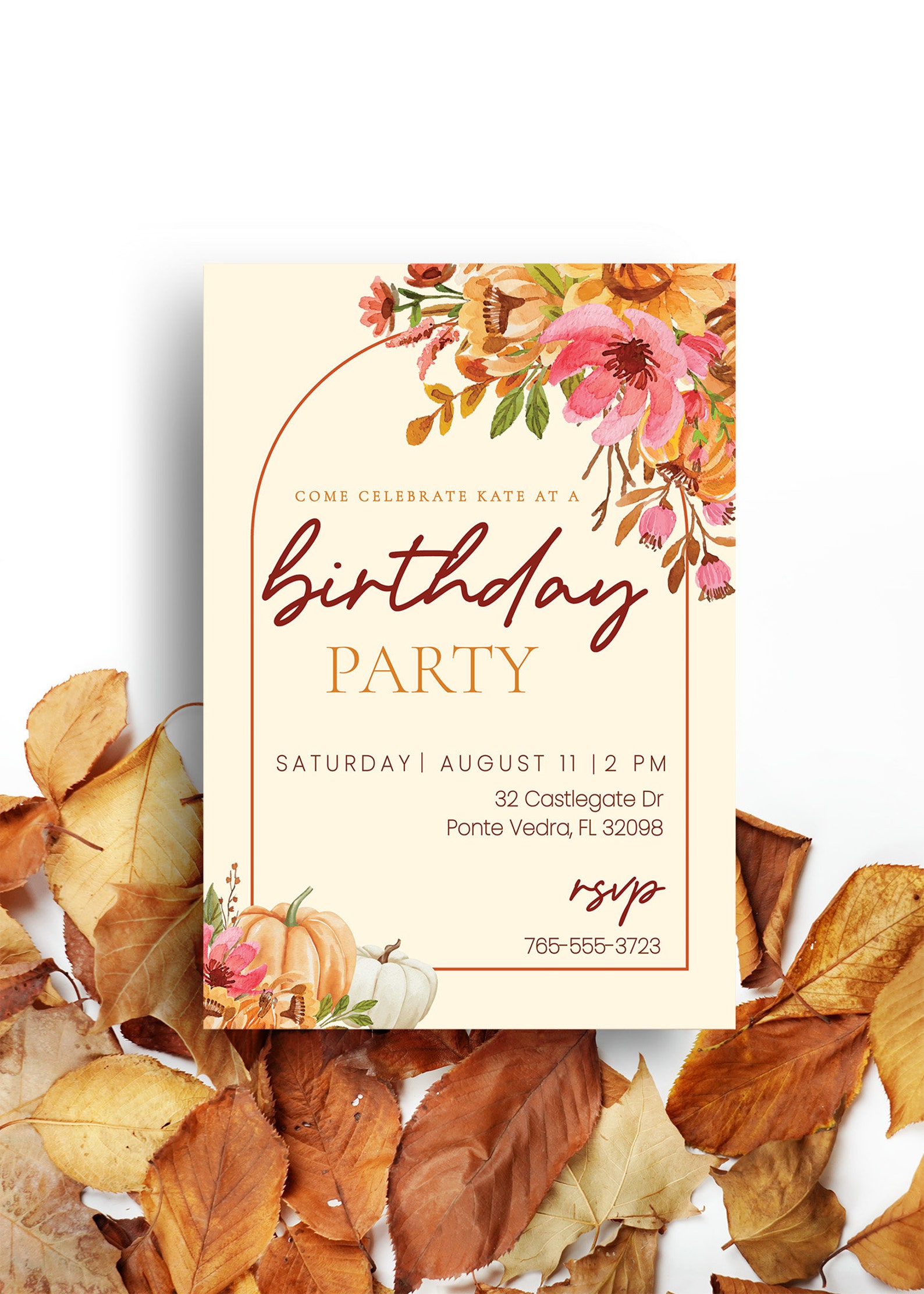 Fall Pumpkin Birthday Invite, Fall Foliage, Pumpkin Invitation, Fall ...