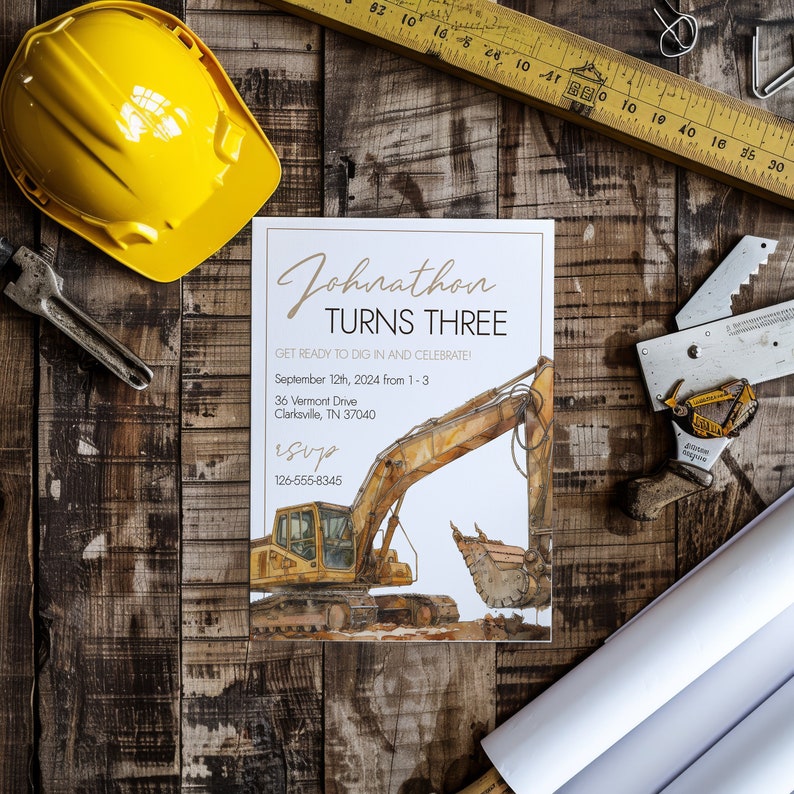 Construction Theme Birthday Invitation, Excavator Invitation, Backhoe ...