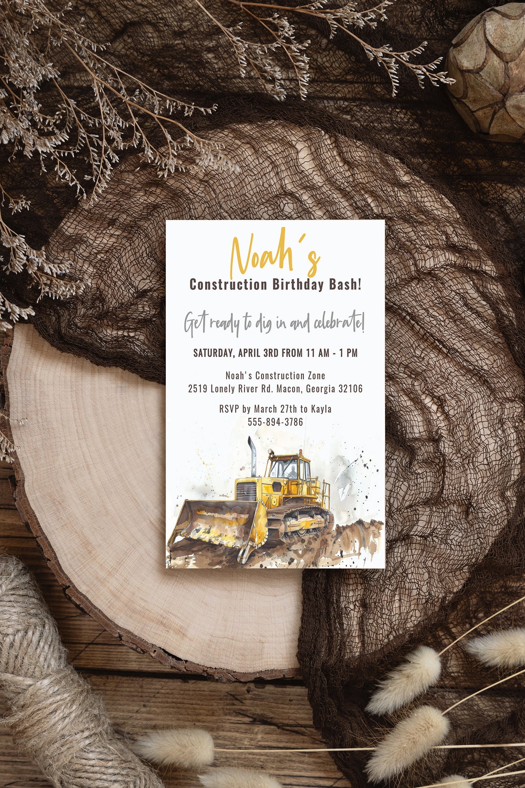 Construction Theme Birthday Invitation, Excavator Invitation, Backhoe ...