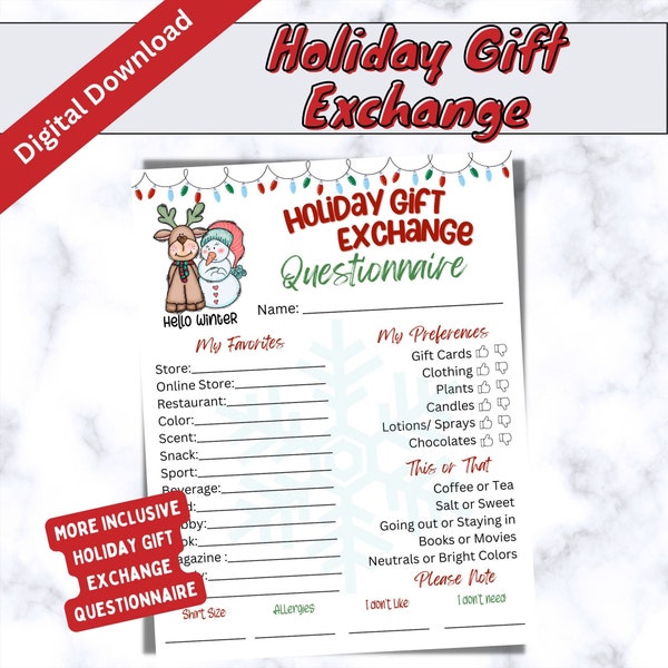 Gift Exchange Questionnaire - Etsy