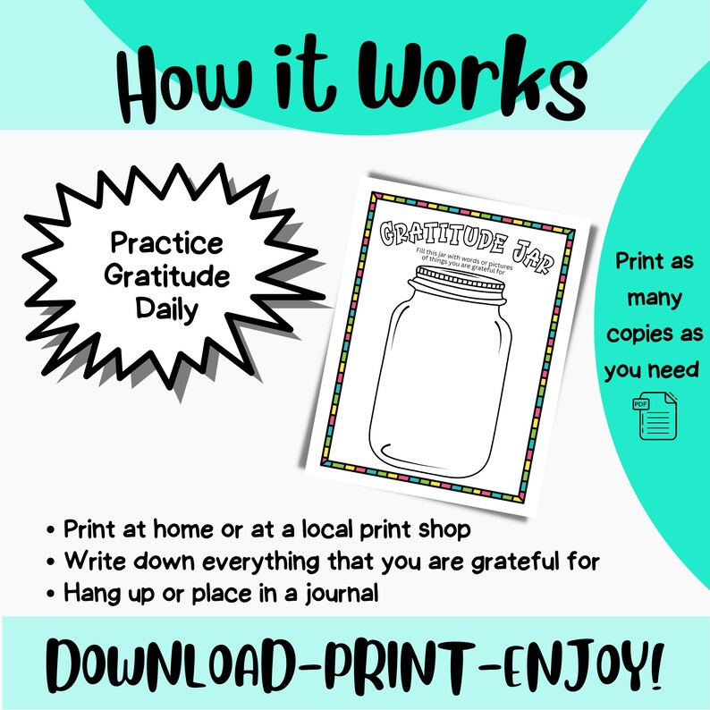 Gratitude Journal Page for Kids, Printable Gratitude Jar, DIGITAL ...