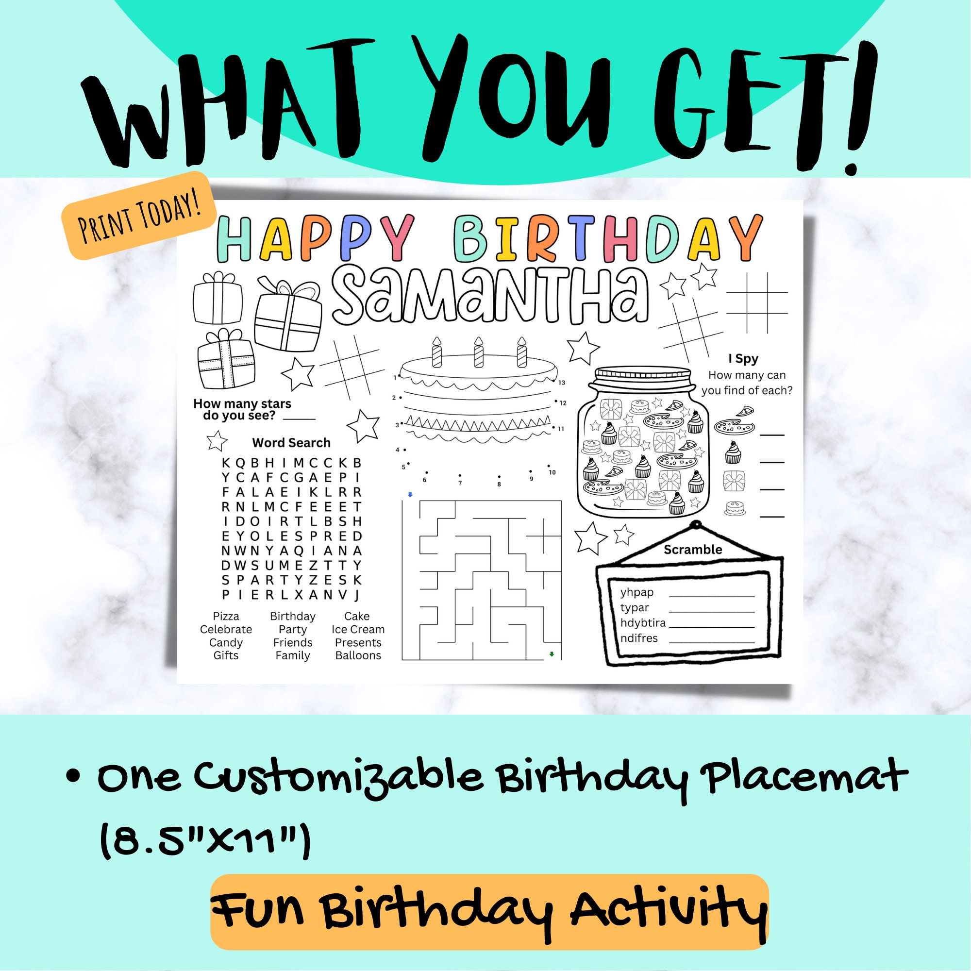 Birthday Activity Party Favors Personalized Birthday Placemat for Kids ...