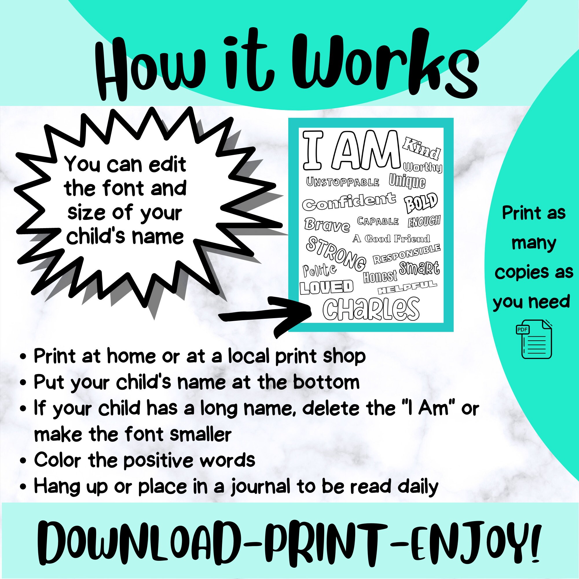 Affirmations Kids Coloring Sheets Words and Phrases Personalized ...