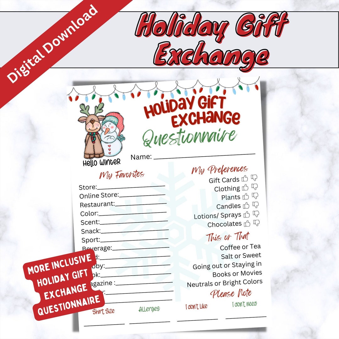 Inclusive Holiday Gift Exchange, Holiday Gift Questionnaire, Gift Ideas ...
