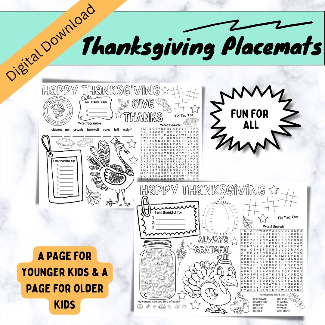Thanksgiving Activities Kids Activity Sheet Printable Placemat Gifted ...