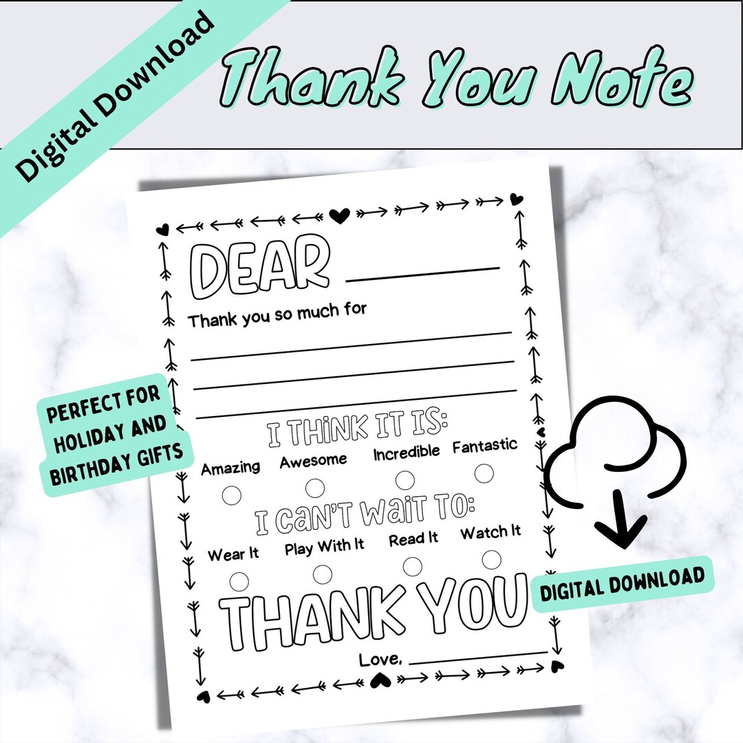 Thank You Notes for Kids, Holiday & Birthday Coloring Notes, Fill Inthe ...