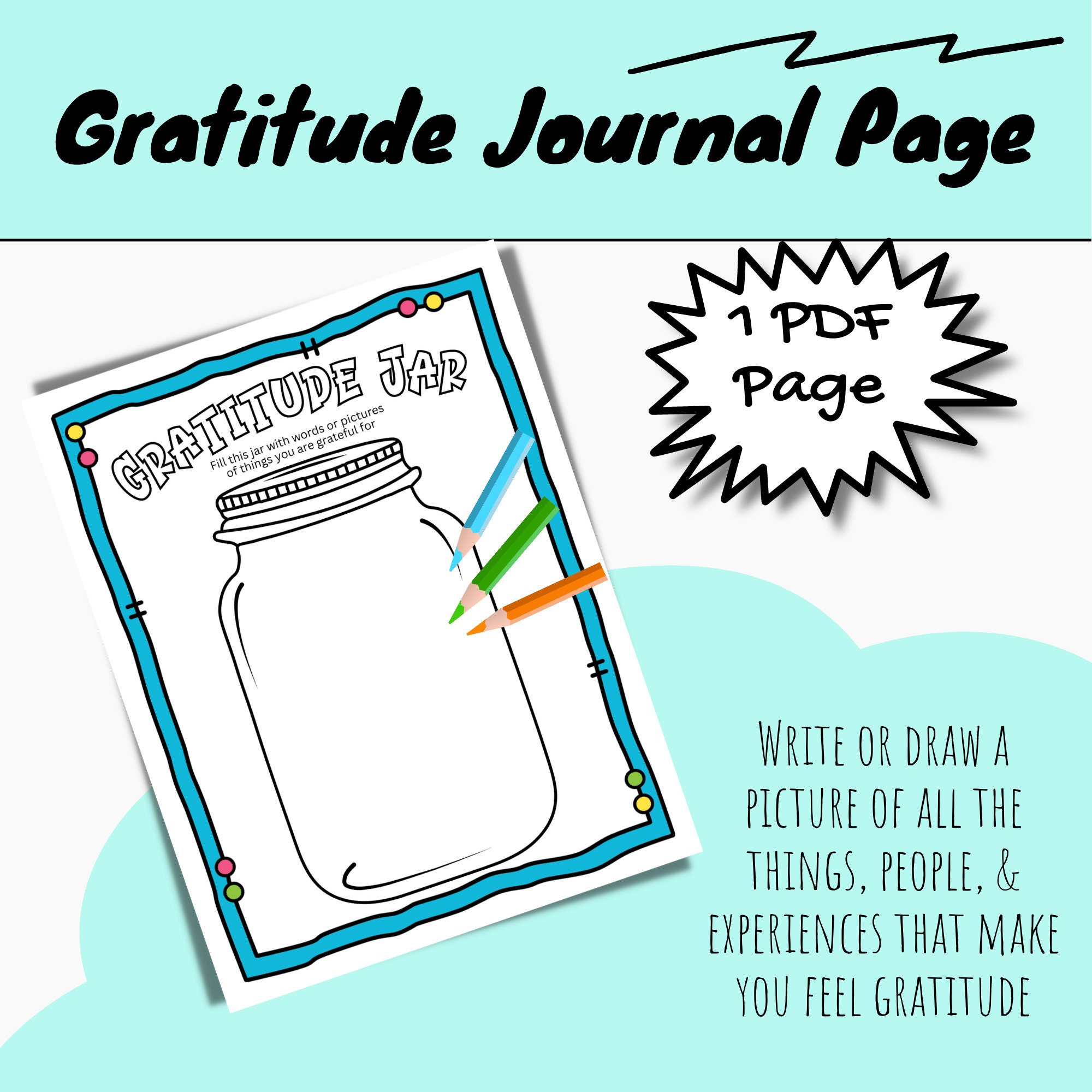 Gratitude Journal Page for Kids, Printable Gratitude Jar, DIGITAL ...
