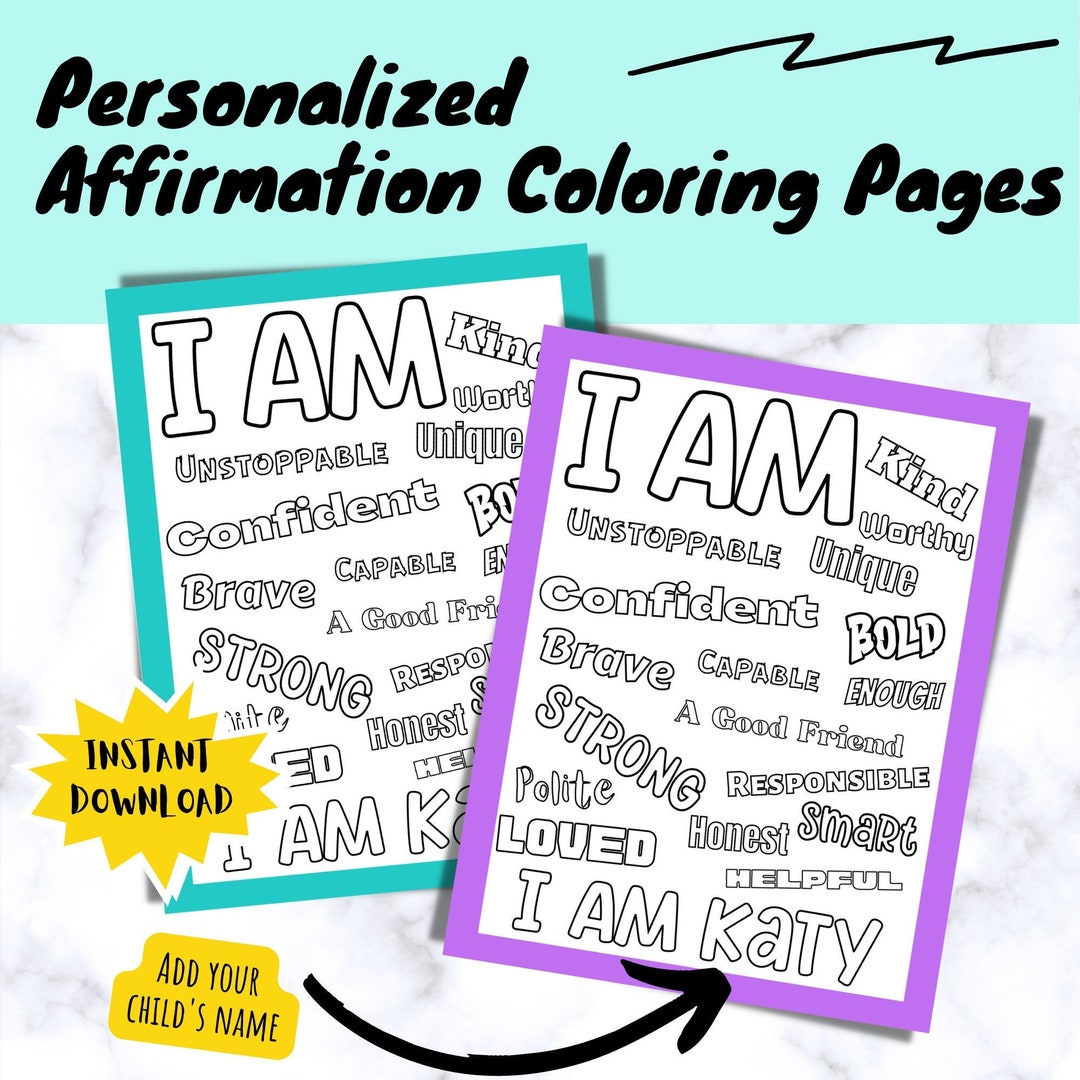 Affirmations Kids Coloring Sheets Words and Phrases Personalized ...