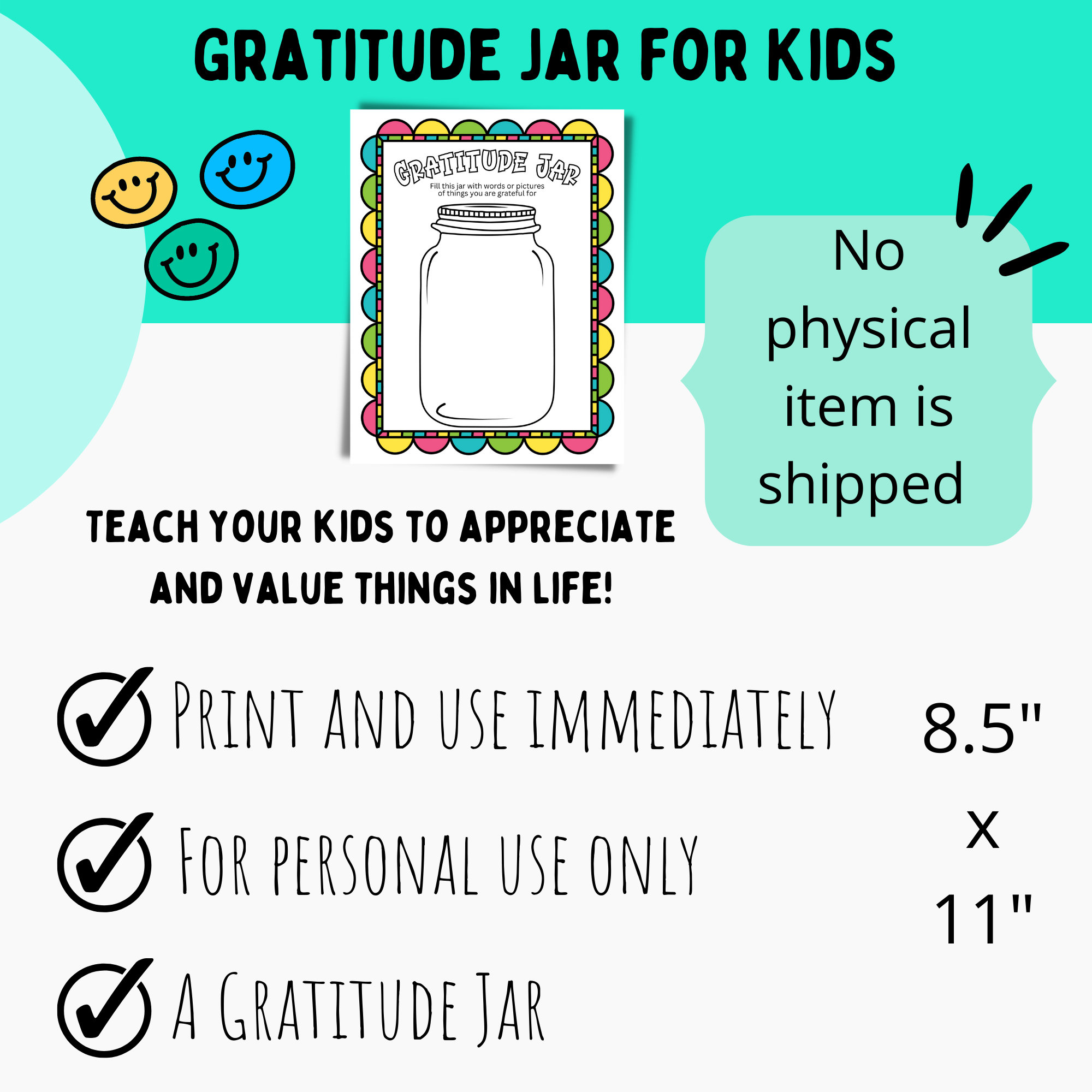 Gratitude Journal Page for Kids, Printable Gratitude Jar, DIGITAL ...