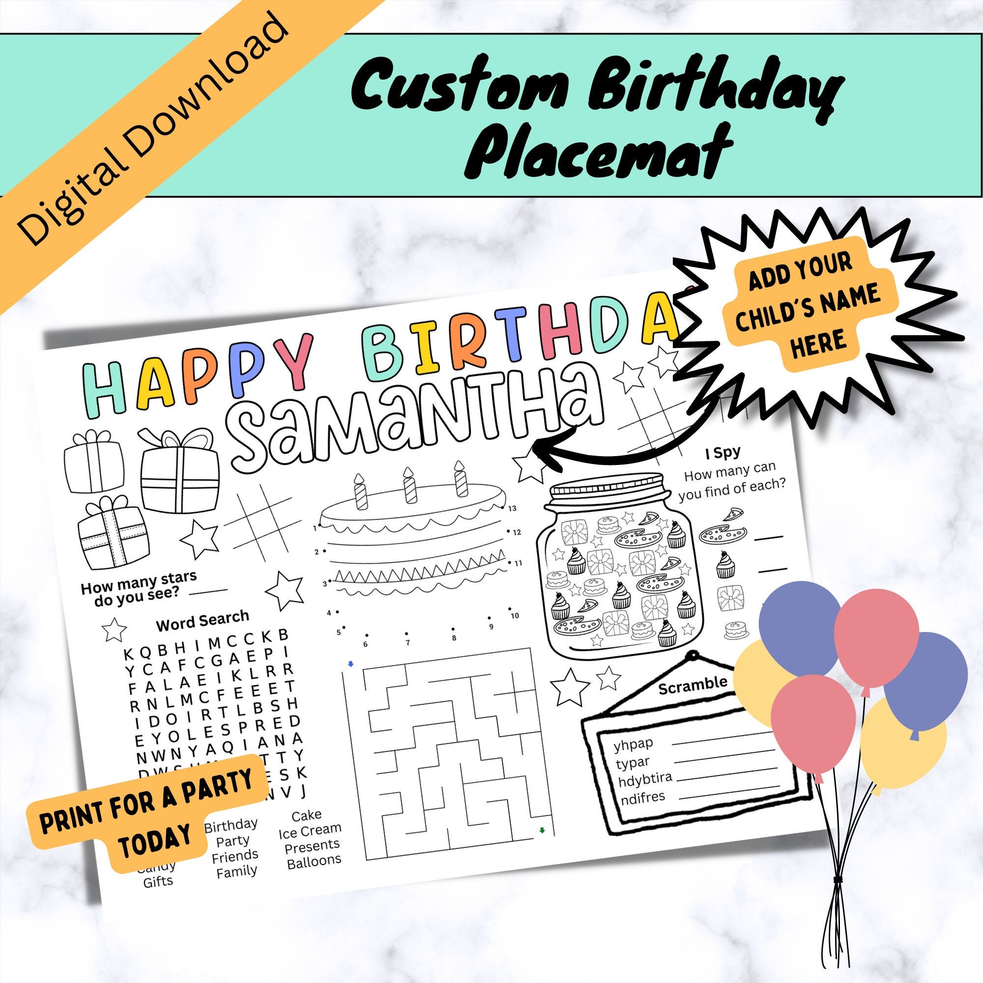 Birthday Activity Party Favors Personalized Birthday Placemat for Kids ...