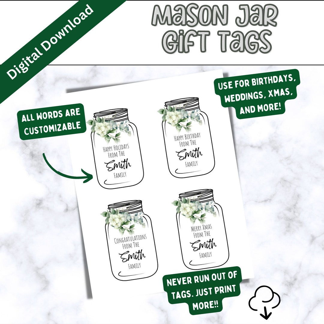 Mason Jar Gift Tags, Customizable Gift Tags, DIY Gift Tags, Wedding ...