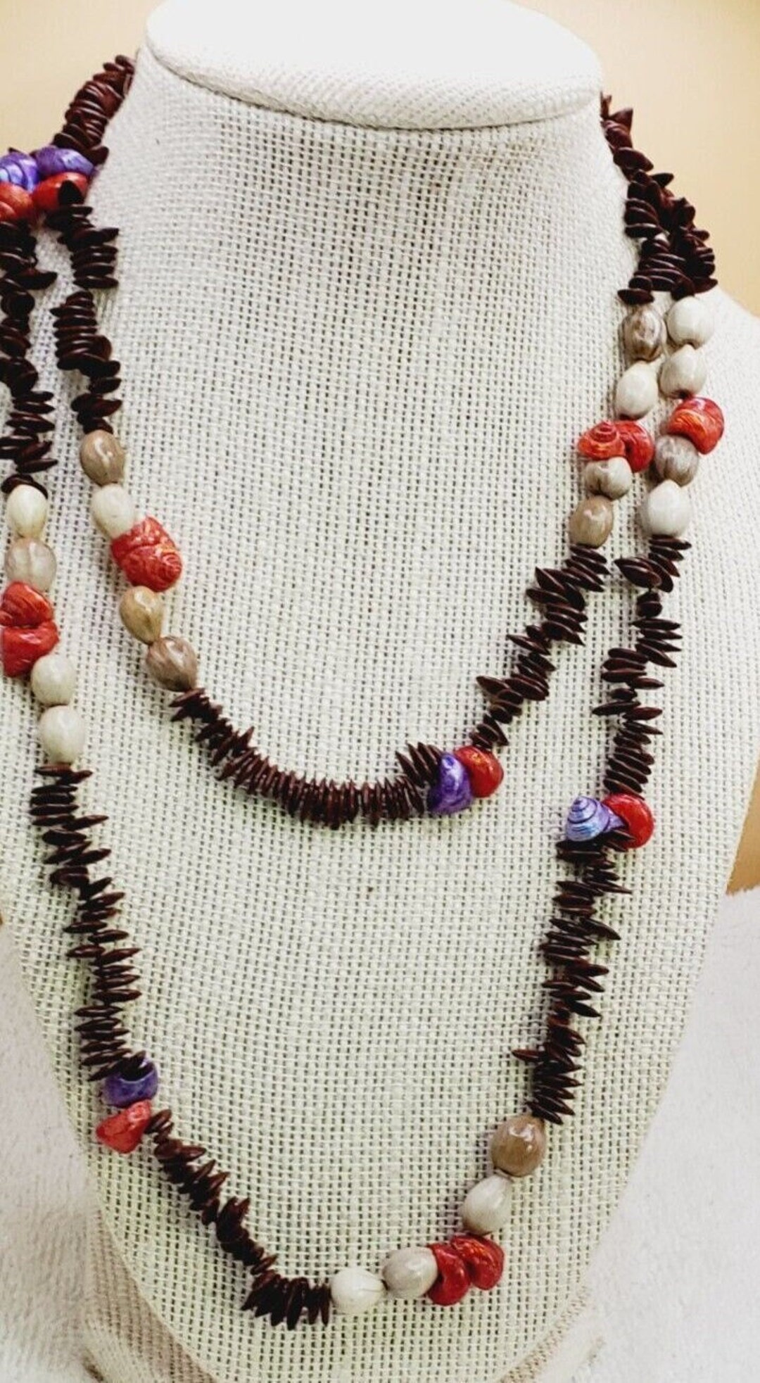 Vtg Handmade Tribal Hawaiian Island Kukui Nut Koa Seed 38" With Shells ...