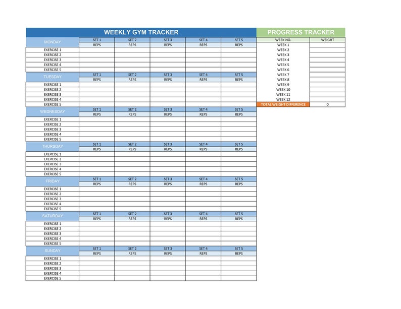 Weekly Gym Tracker Spreadsheet || (with Weight Tracker) - Etsy