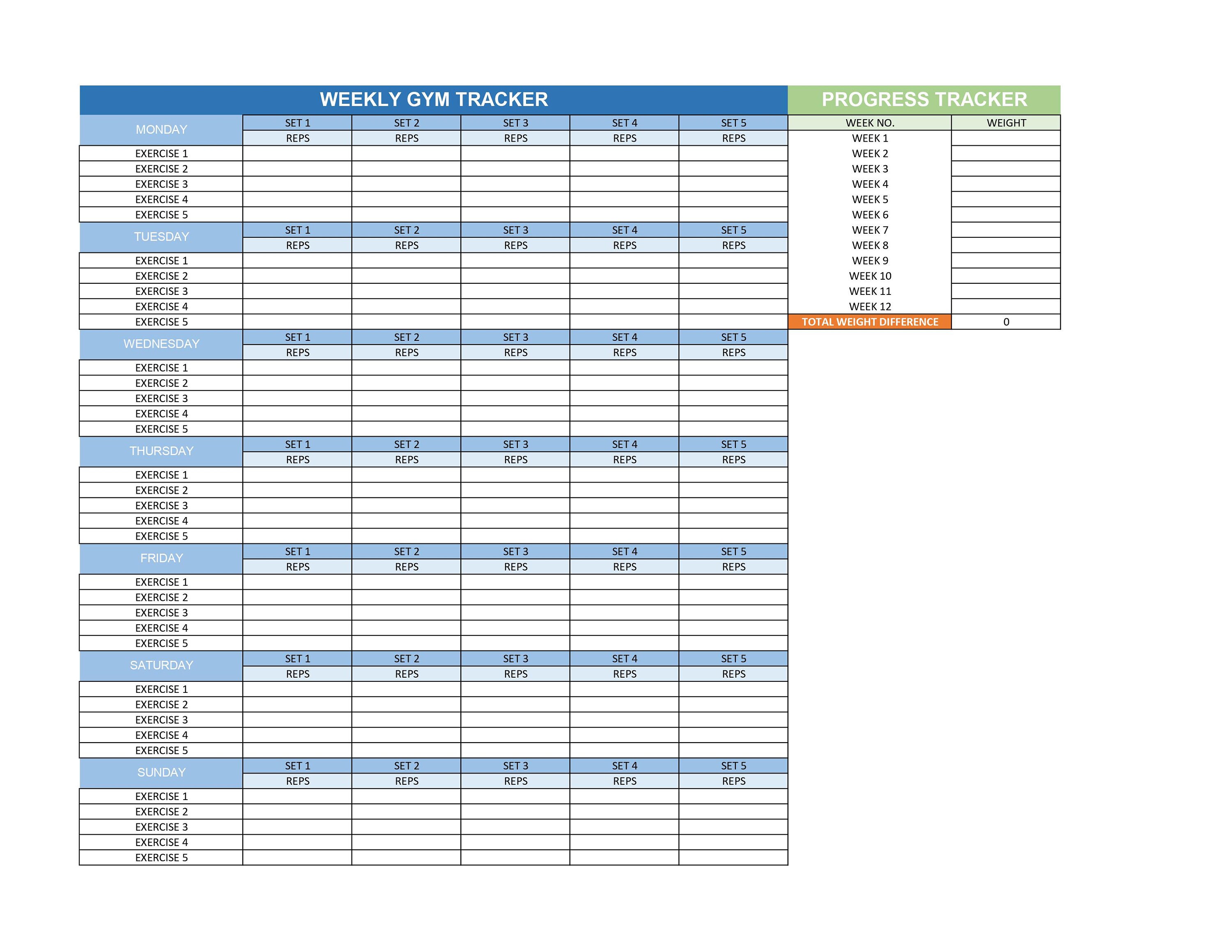 Weekly Gym Tracker Spreadsheet || (with Weight Tracker) - Etsy