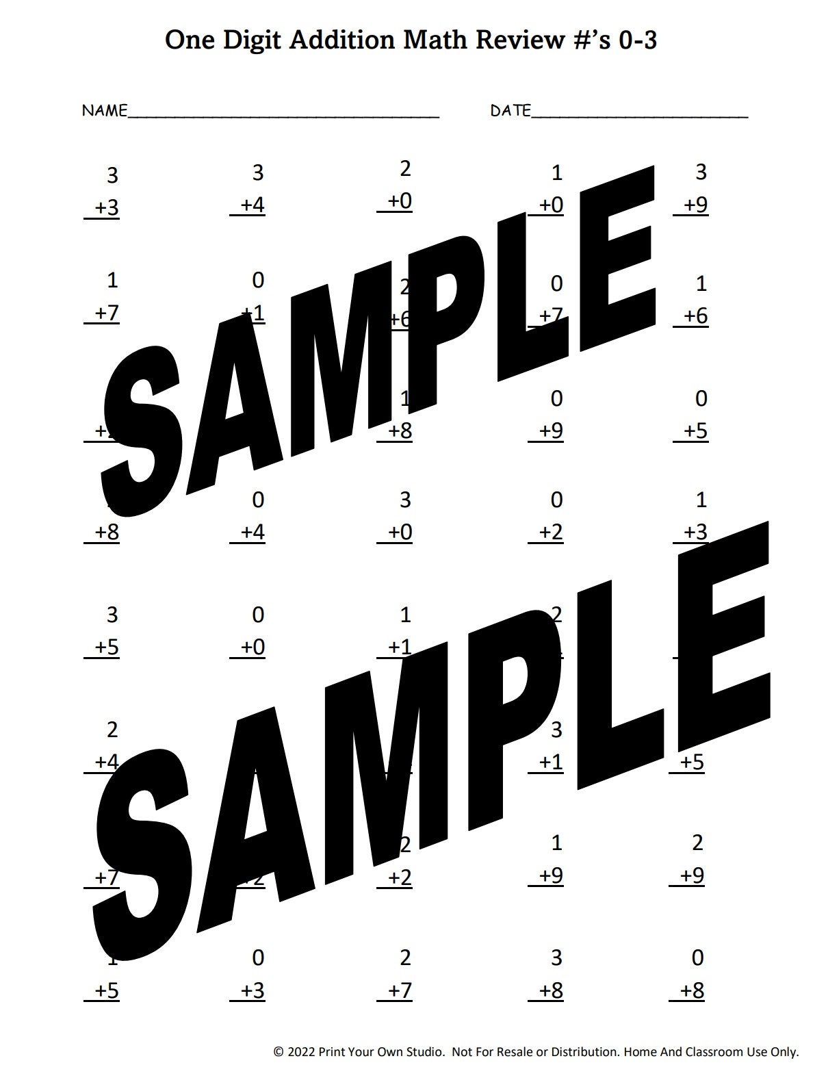 4 Page Math Review Test Single Digit Addition 0-9 With Answer Key and ...