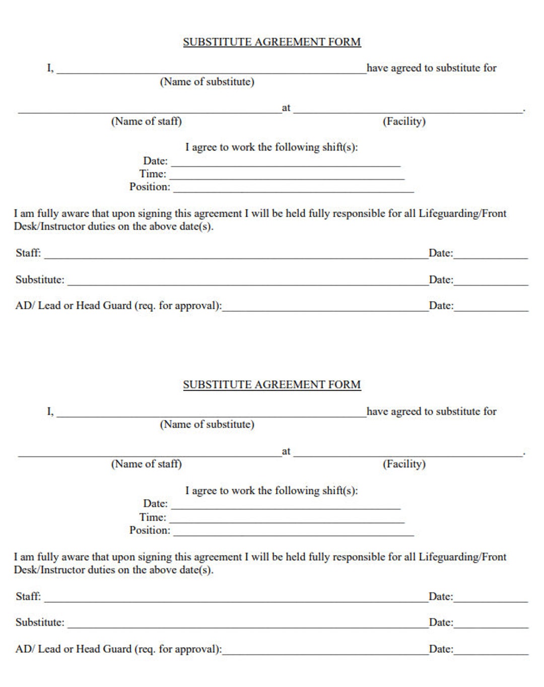 Aquatics Facility Employee Substitute Agreement Form - Etsy
