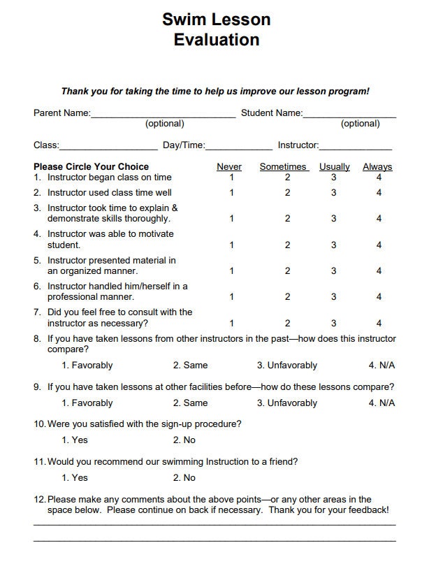 Aquatics Facility Swim Lesson Evaluation - Etsy