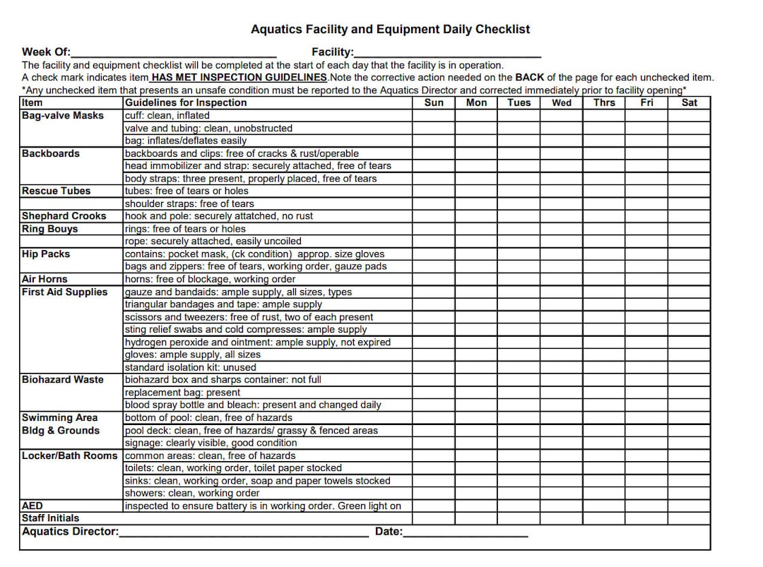 Aquatics Facility & Equipment Daily Check - Etsy