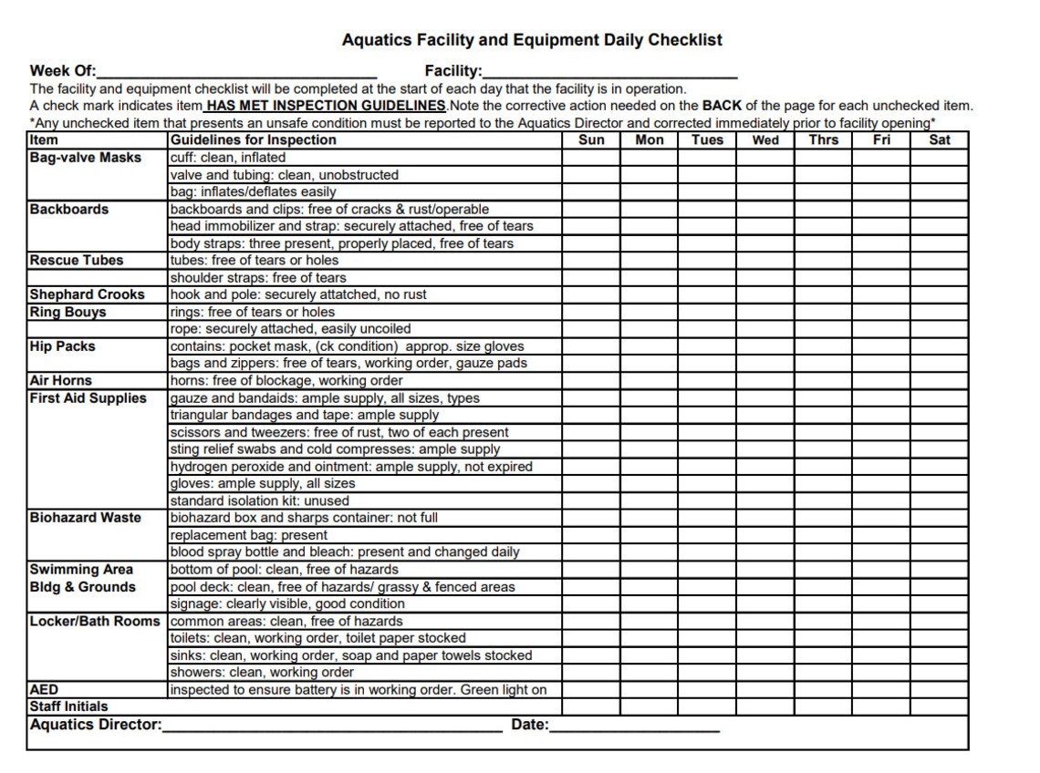 Aquatics Facility & Equipment Daily Check - Etsy