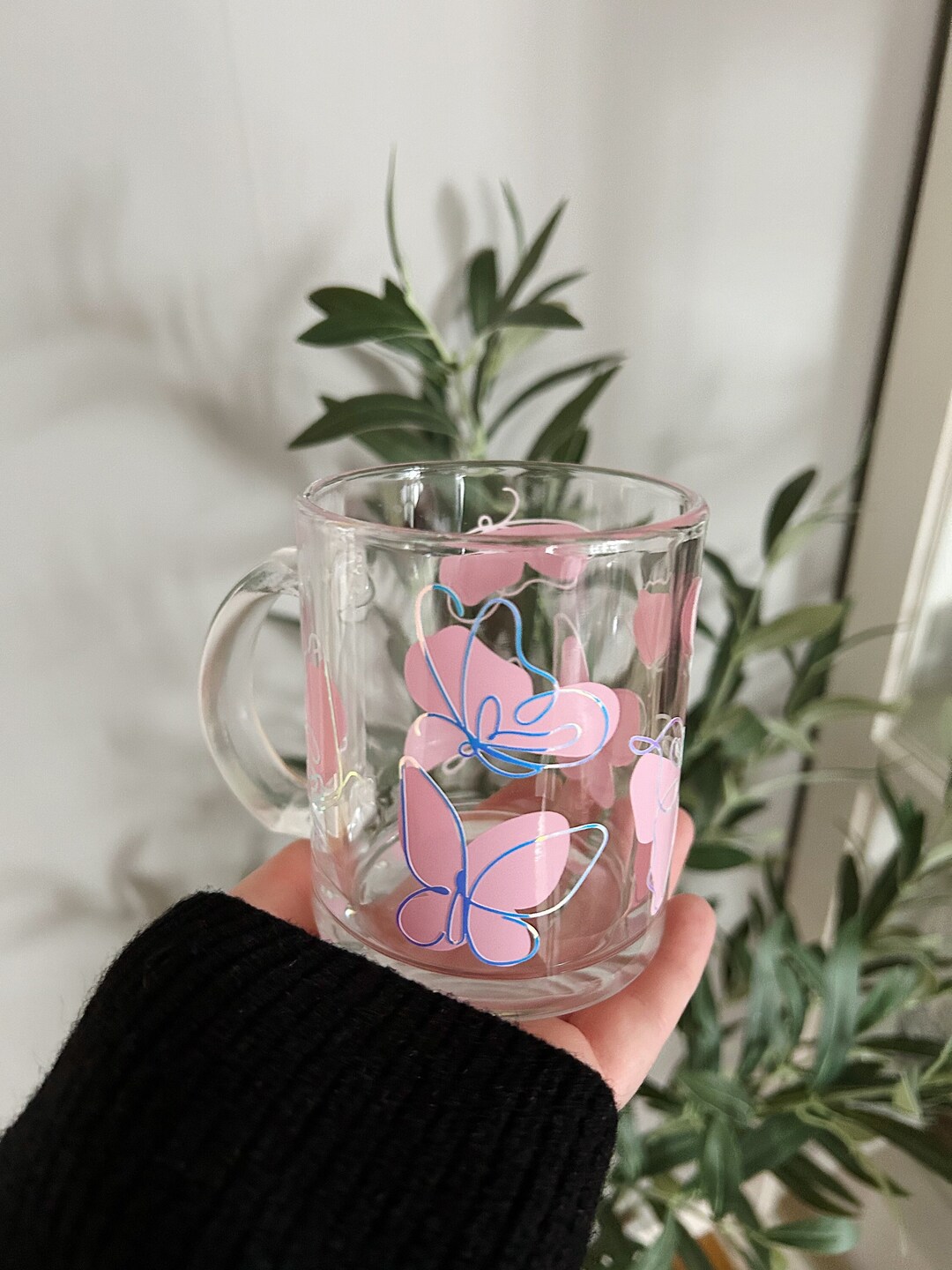 Pink Holographic Butterfly Glass Mug Handmade - Etsy