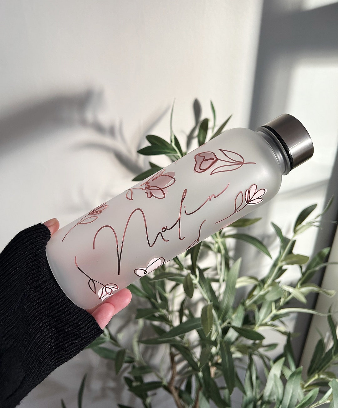 Personalized Floral Pastel Pink Metallic Frosted Water Bottle Handmade ...
