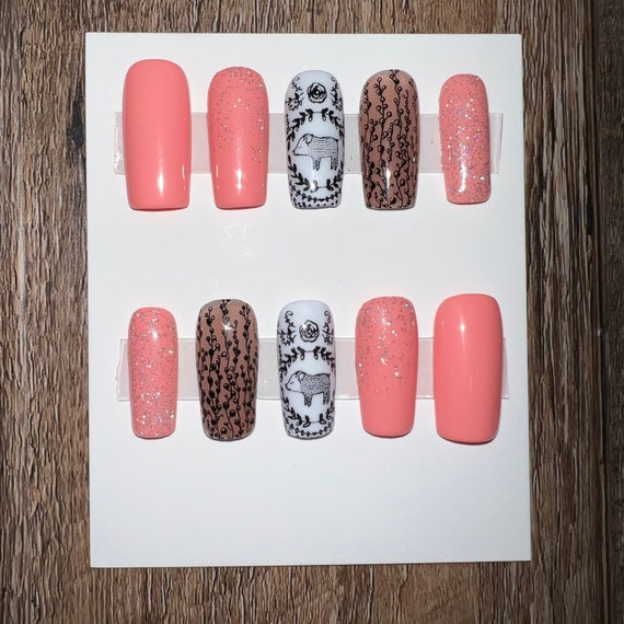 Pig Design Press on Nails Pink Sparkle Nails Pink Nails - Etsy