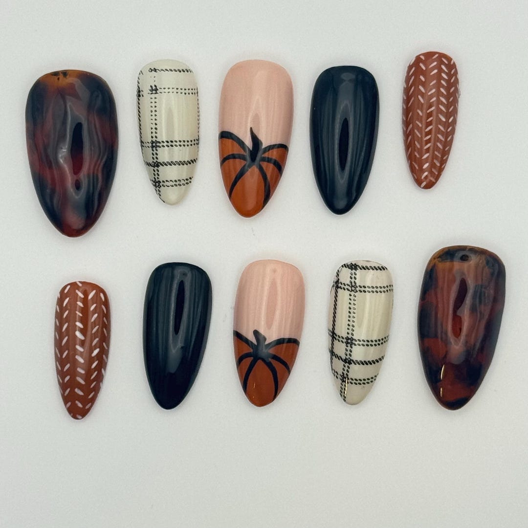 Handmade Fall Press on Nails: Plaid, Pumpkin, Tortoiseshell Designs - Etsy