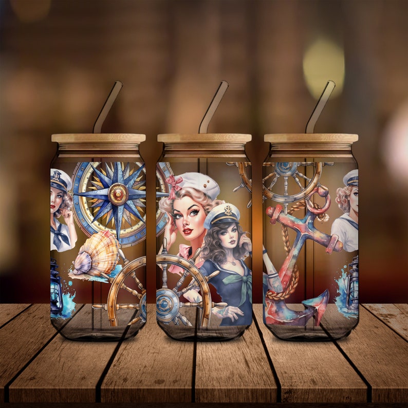 Retro Nautical Libbey Glass Wrap 16 Oz Libby Cup Wrap Template 16oz ...