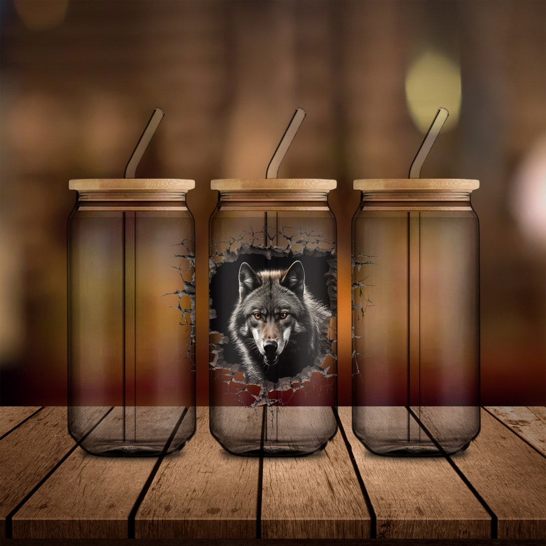 3D Black Wolf Horror 16 Oz Libbey Glass Wrap 16 Oz Libby Cup Wrap Template 16 Oz Glass Can Wrap ...