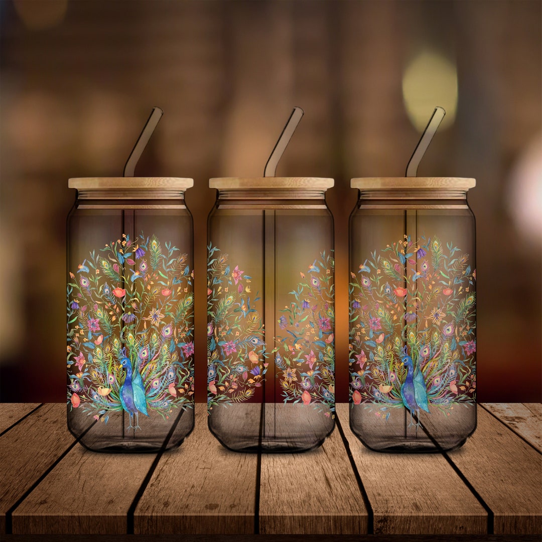 Peacock Feather 16 Oz Libbey Glass Wrap 16 Oz Libby Cup Wrap Template 16 Oz Glass Can Wrap for ...