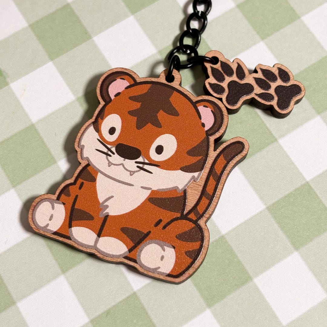 Tiger Keychain Cute Jungle Animal Key Charms 2 Inch Recycled Wood Key ...