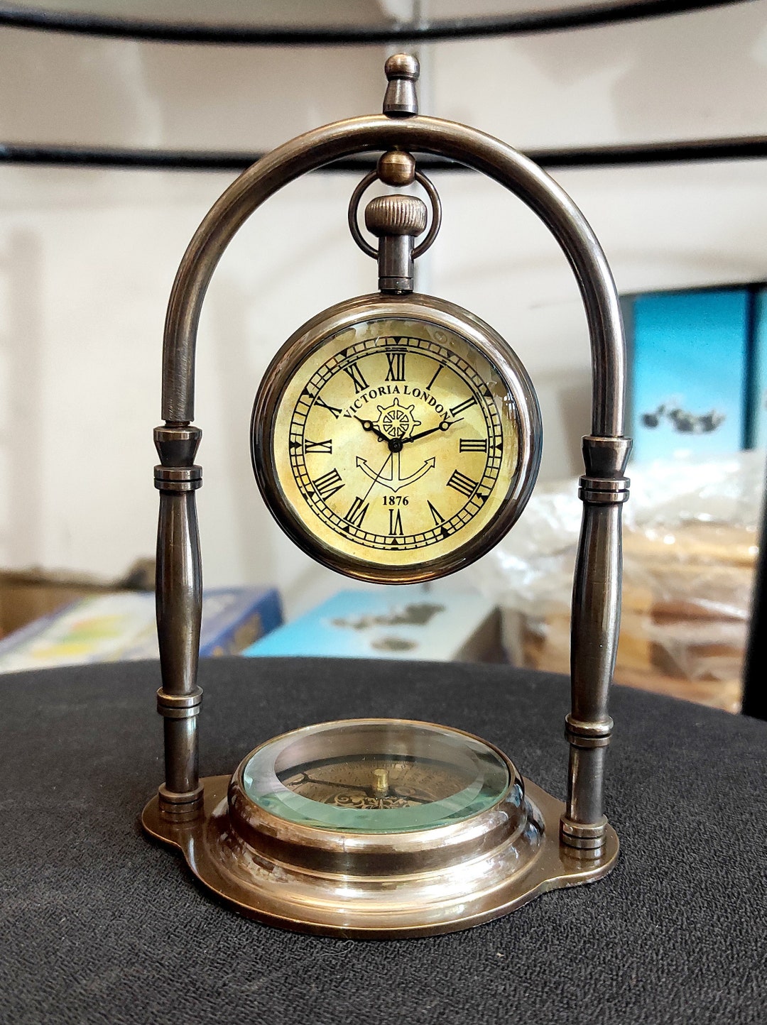 Brass Antique Home Decorative Table Clock With Base Compass, Retro Desk ...