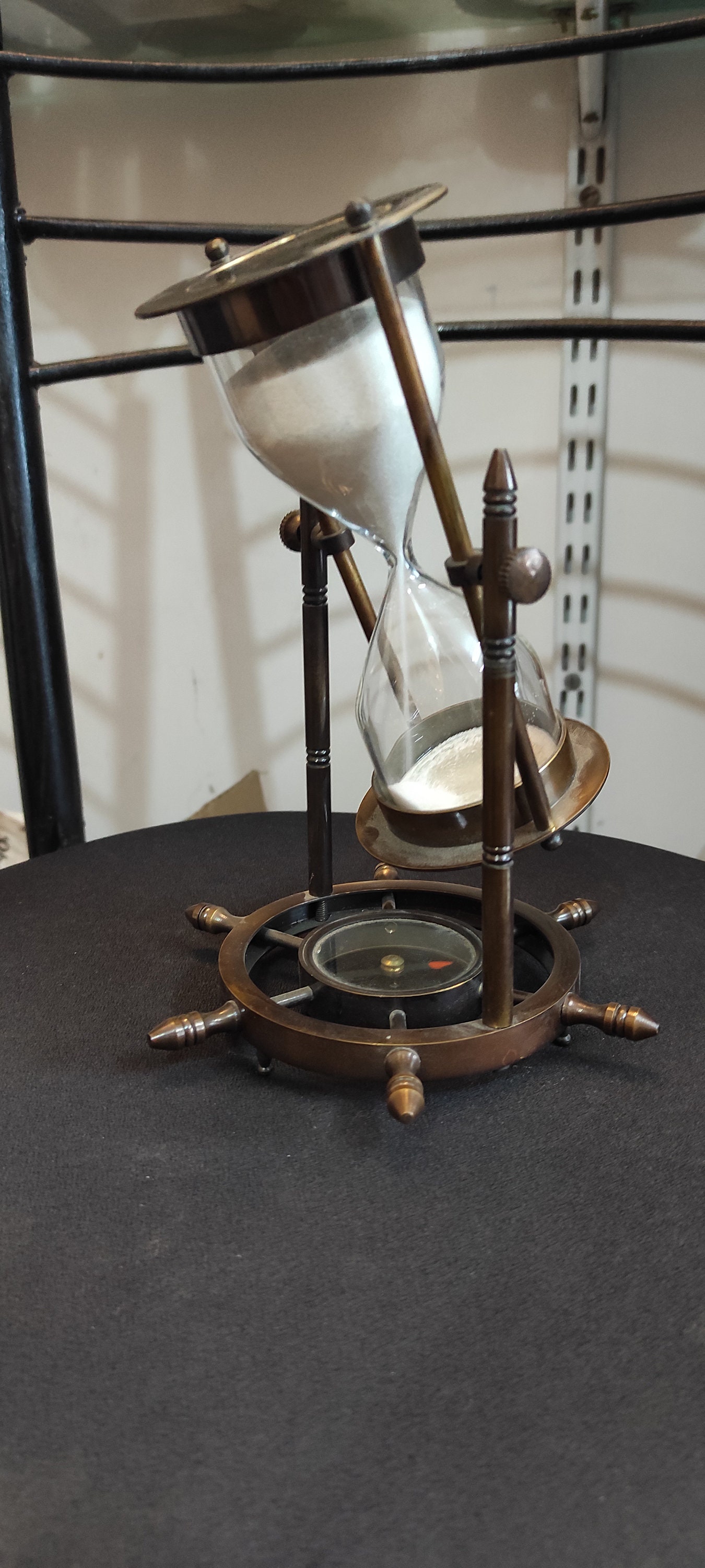 Sand Timer Sandclock Antique Brass Sand Timer With Compass on Wooden ...