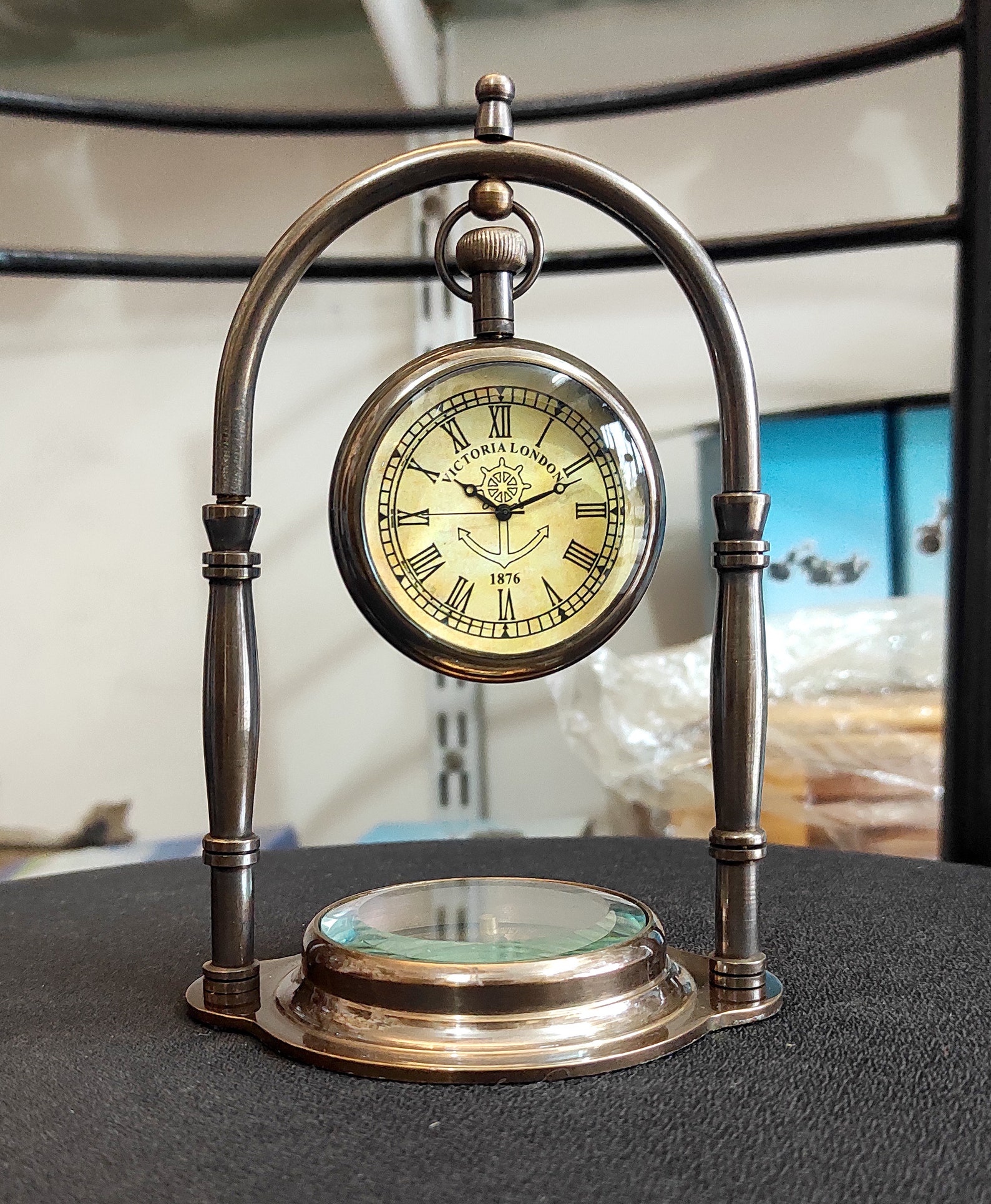 Brass Antique Home Decorative Table Clock With Base Compass, Retro Desk ...