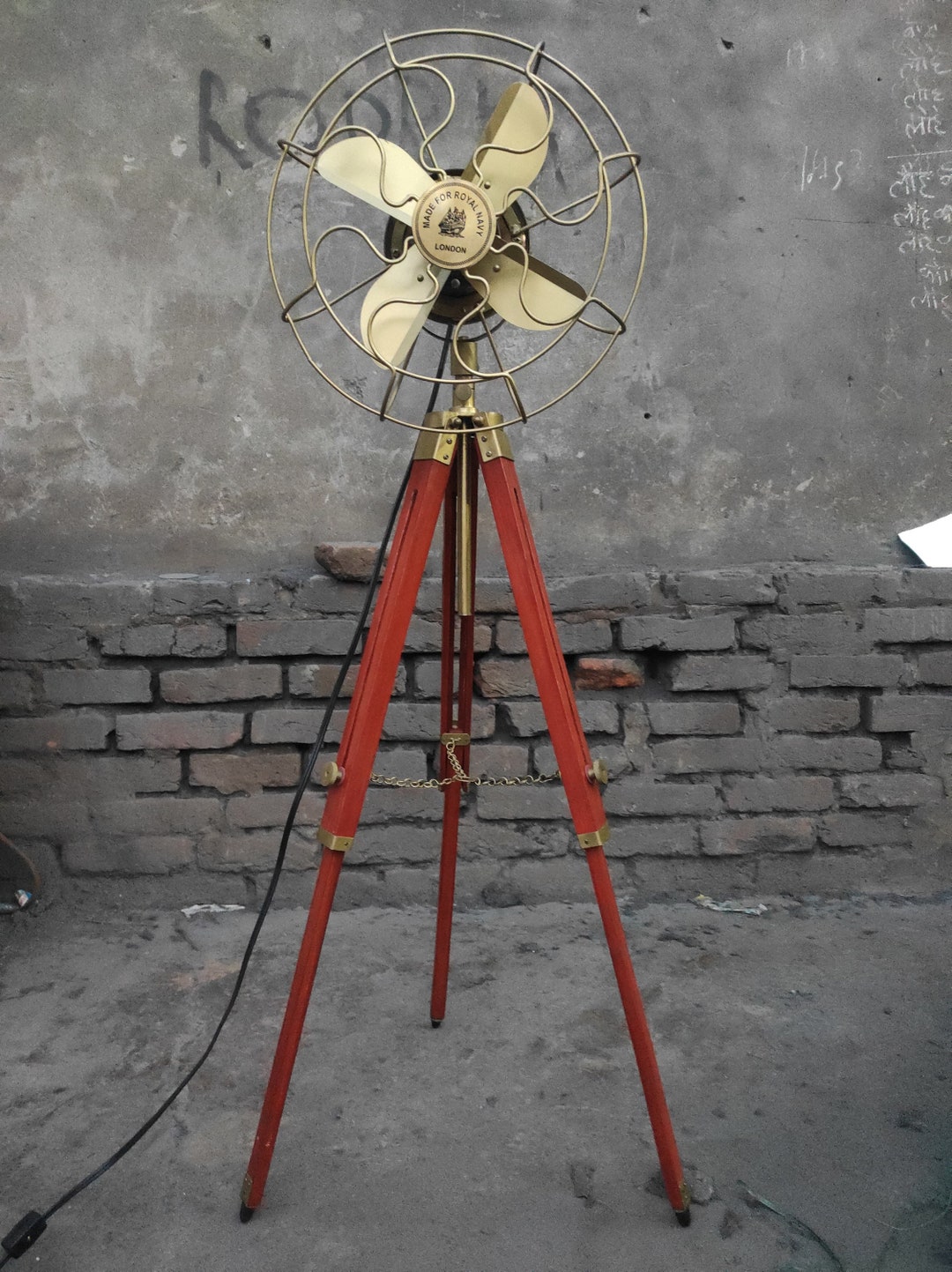 Handmade Floor Fan Brass Antique Royal Navy Fan With Brown Wooden ...