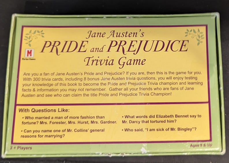 Pride and Prejudice Complete Trivia Game Jane Austen 2012 by Marina ...