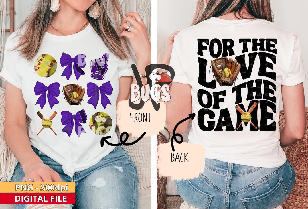 Purple Bow Softball PNG Design Sublimation Hand Drawn Digital Download ...