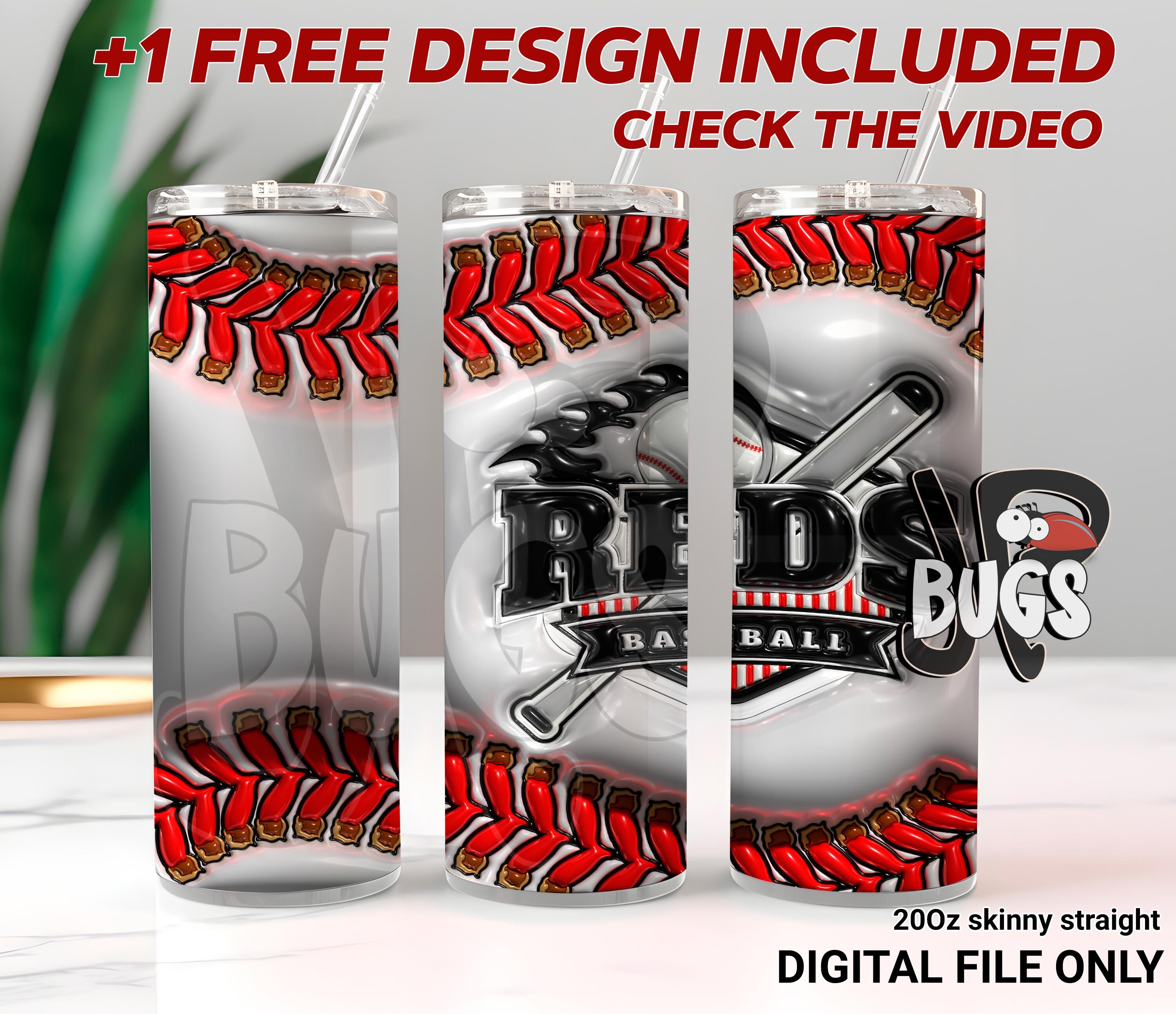3D Inflated Reds Baseball 20oz Tumbler Wrap PNG Sublimation 3D Puffy ...