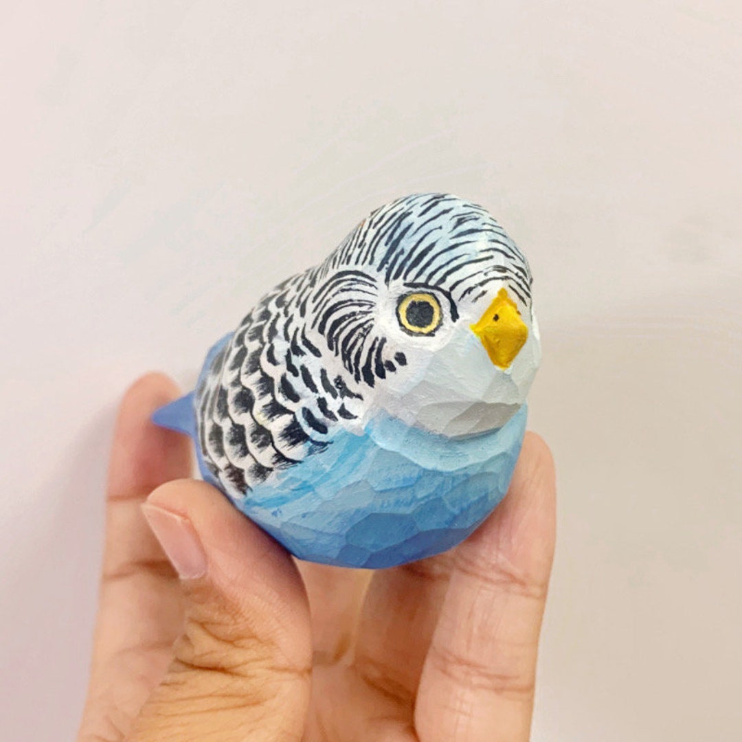 Handmade Bass Wood Blue Green Budgie Parrot Bird Figure Wood Carving ...