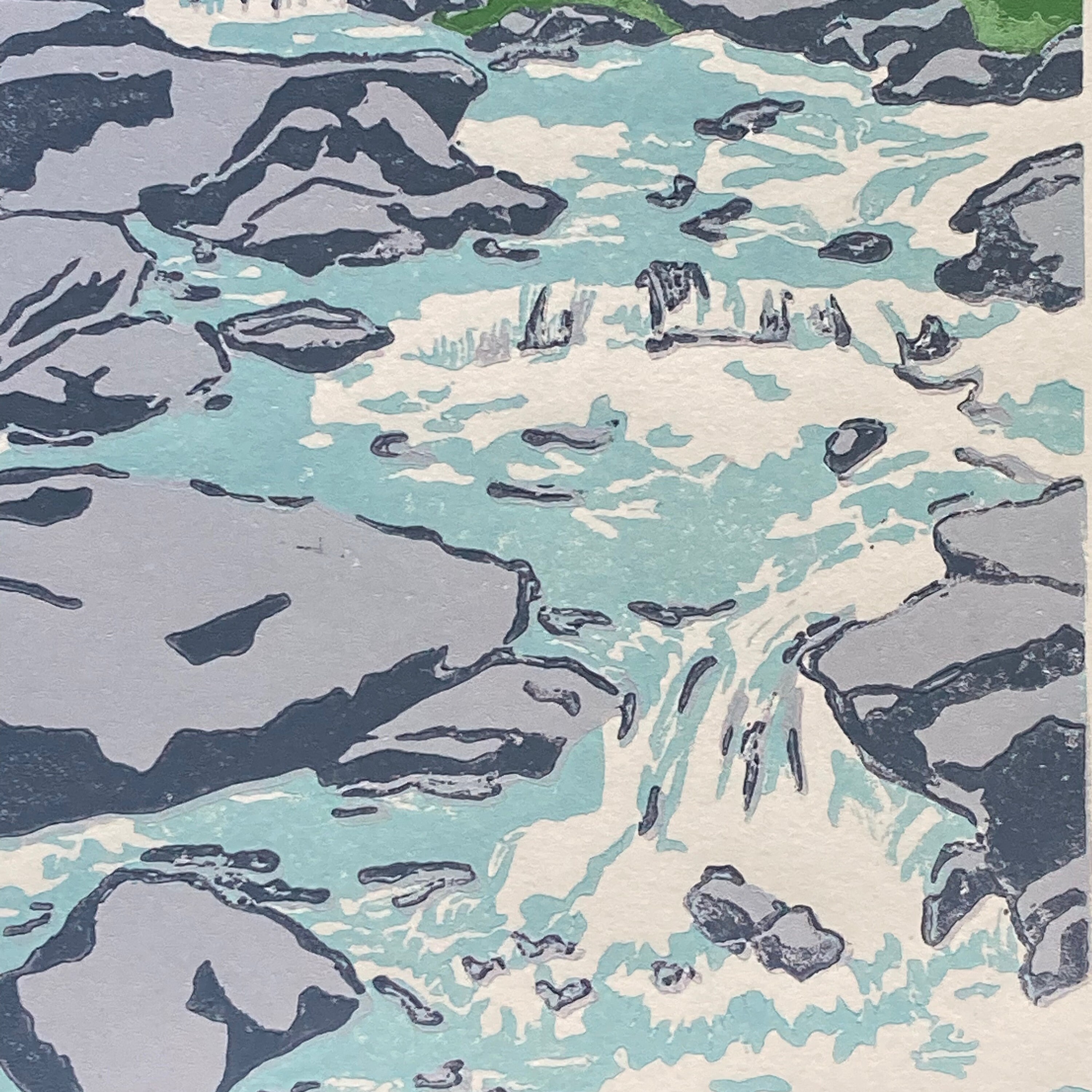 Waterfall at Chimney Rock Linocut Print, Limited Edition Linoleum Print ...