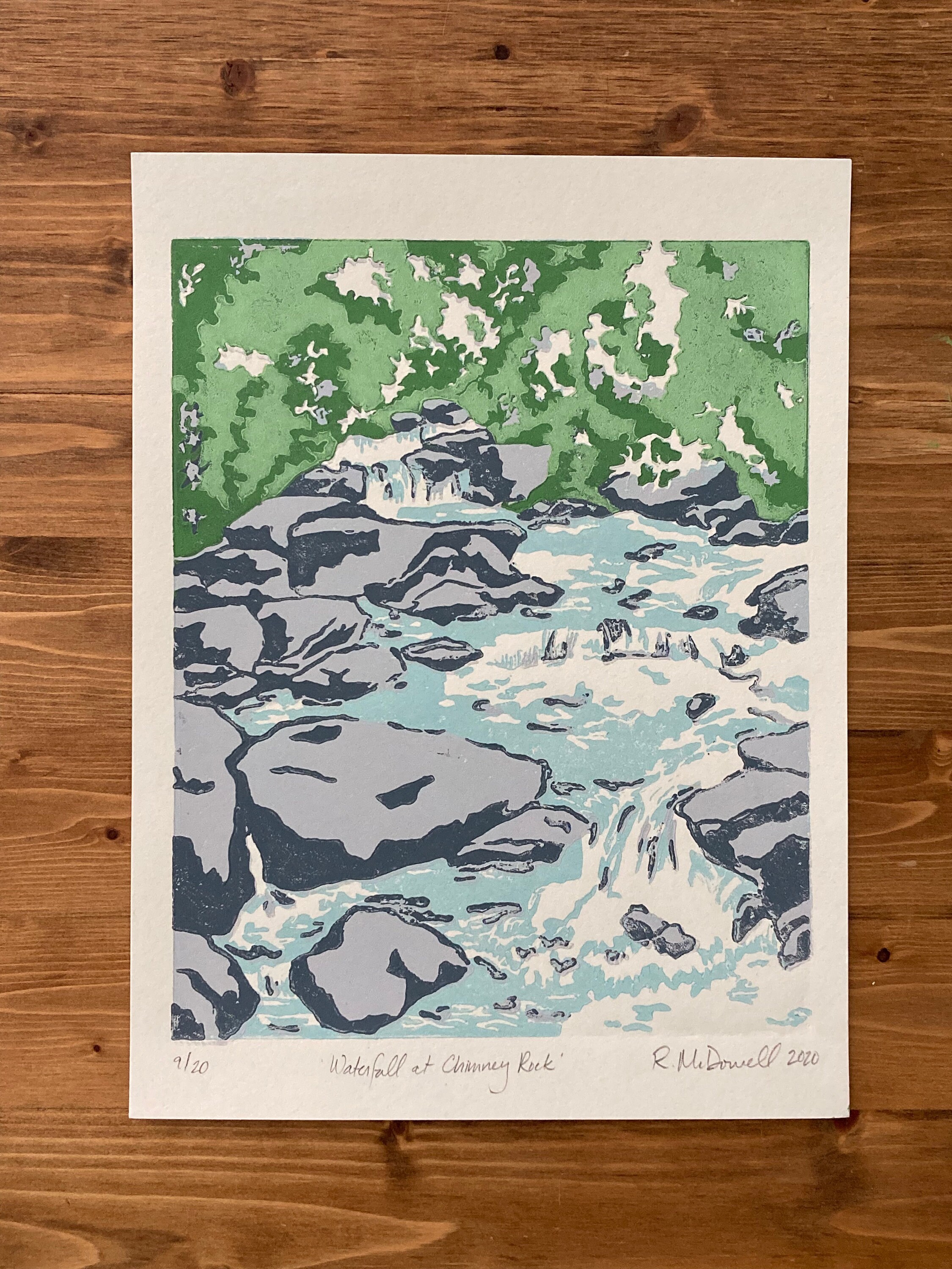 Waterfall at Chimney Rock Linocut Print, Limited Edition Linoleum Print ...