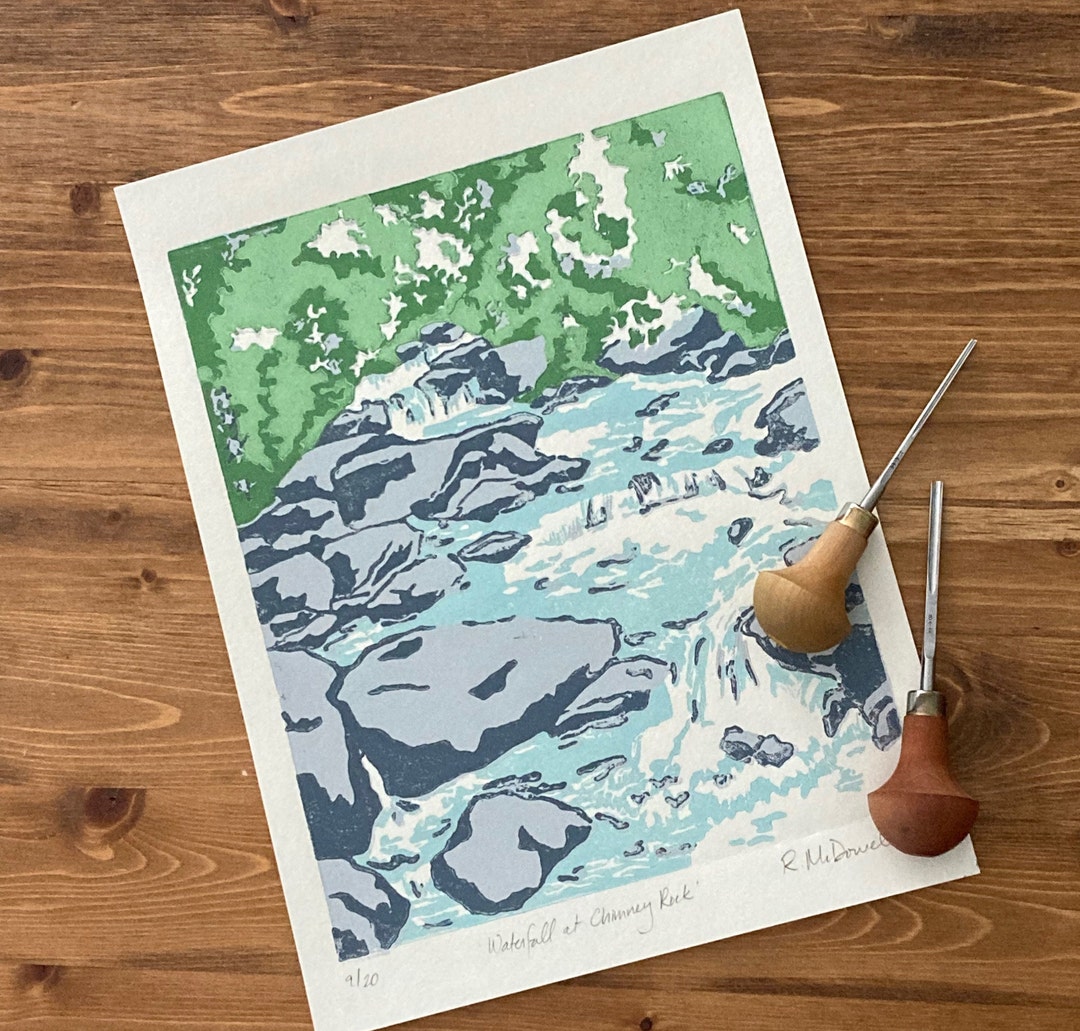 Waterfall at Chimney Rock Linocut Print, Limited Edition Linoleum Print ...