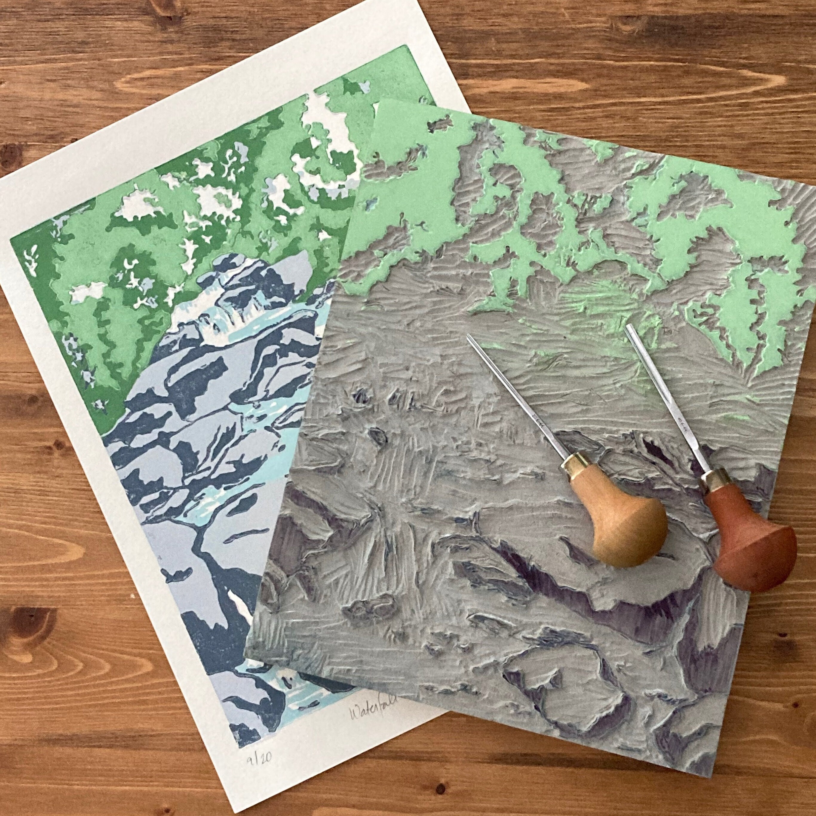 Waterfall at Chimney Rock Linocut Print, Limited Edition Linoleum Print ...