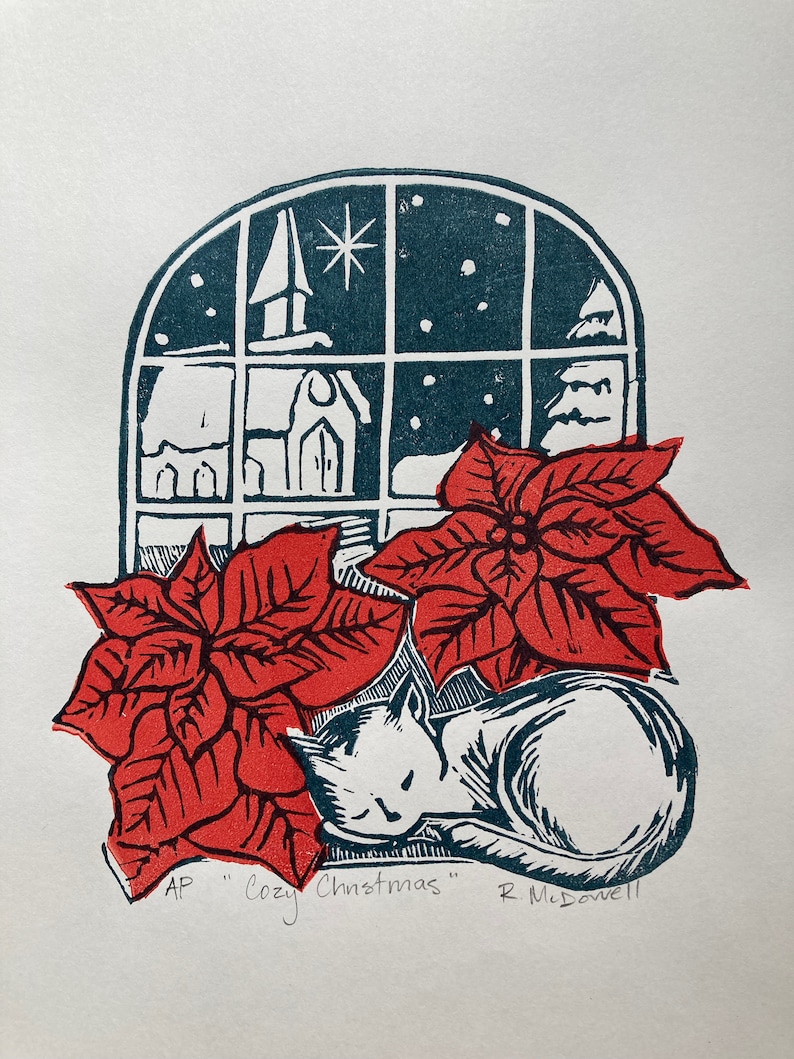 Winter Poinsettia Cat Linoleum Block Print Lino Block Print Limited ...