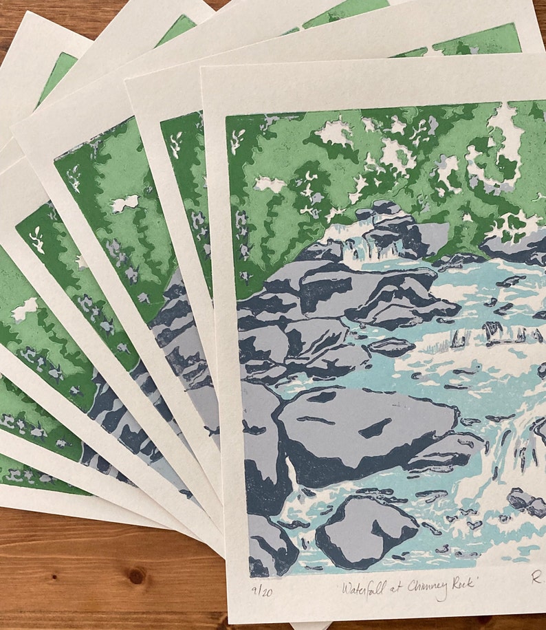 Waterfall at Chimney Rock Linocut Print, Limited Edition Linoleum Print ...