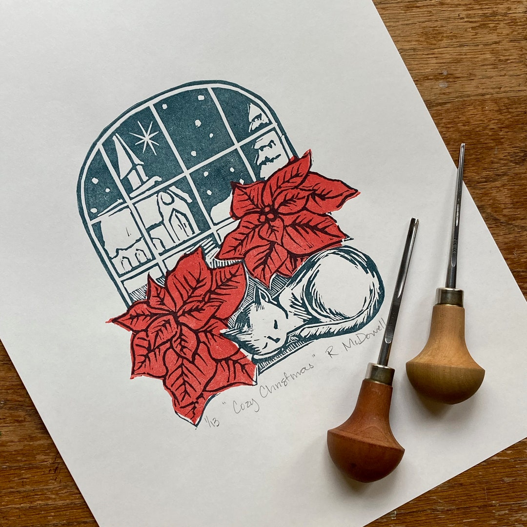Winter Poinsettia Cat Linoleum Block Print - Lino Block Print Limited ...