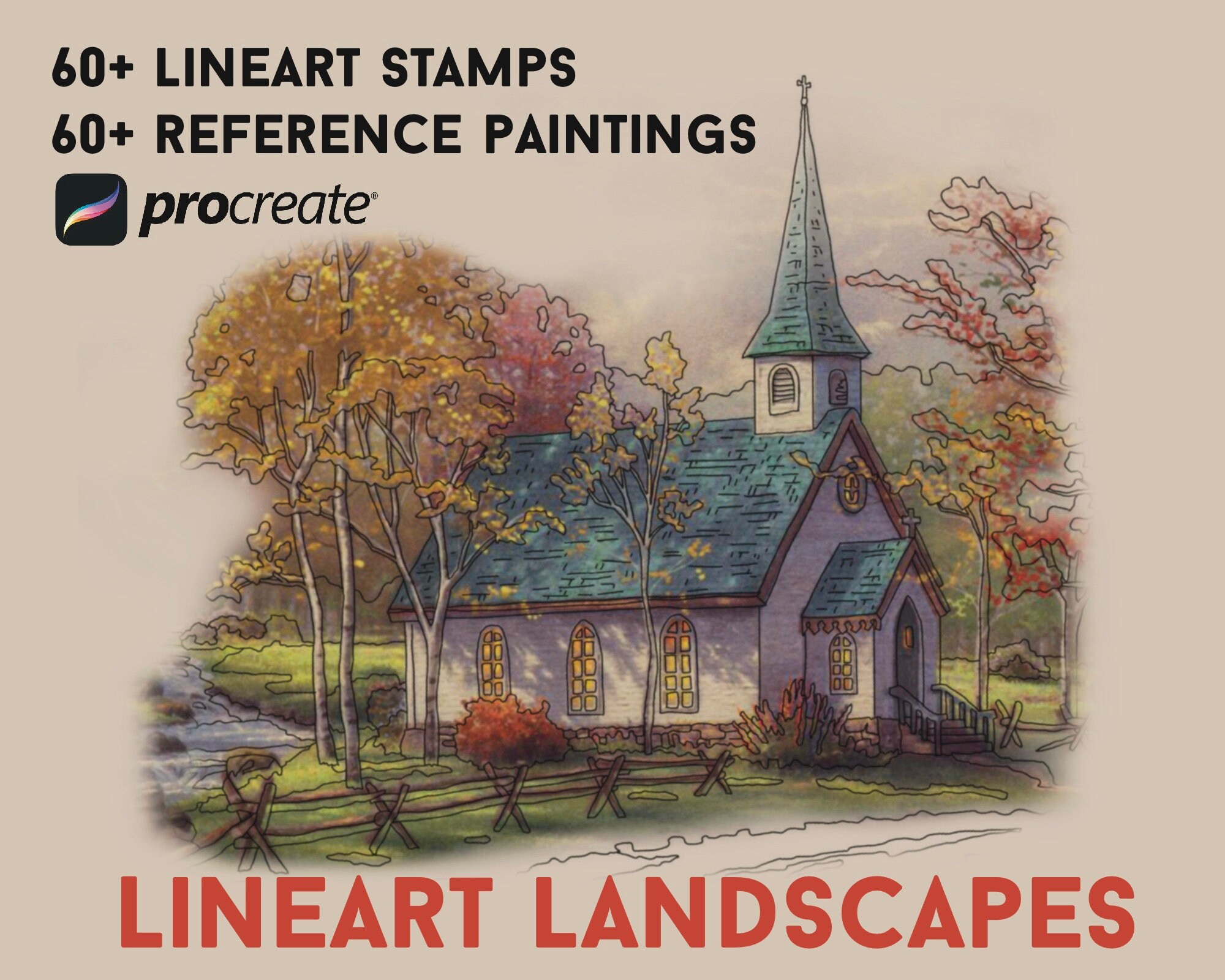 Procreate Landscape Lineart Stamps: Nature Coloring Pages (63 Stamps ...