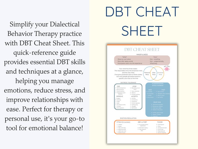 DBT Cheat Sheet Dialectical Behavior Therapy Guide Quick Reference for ...
