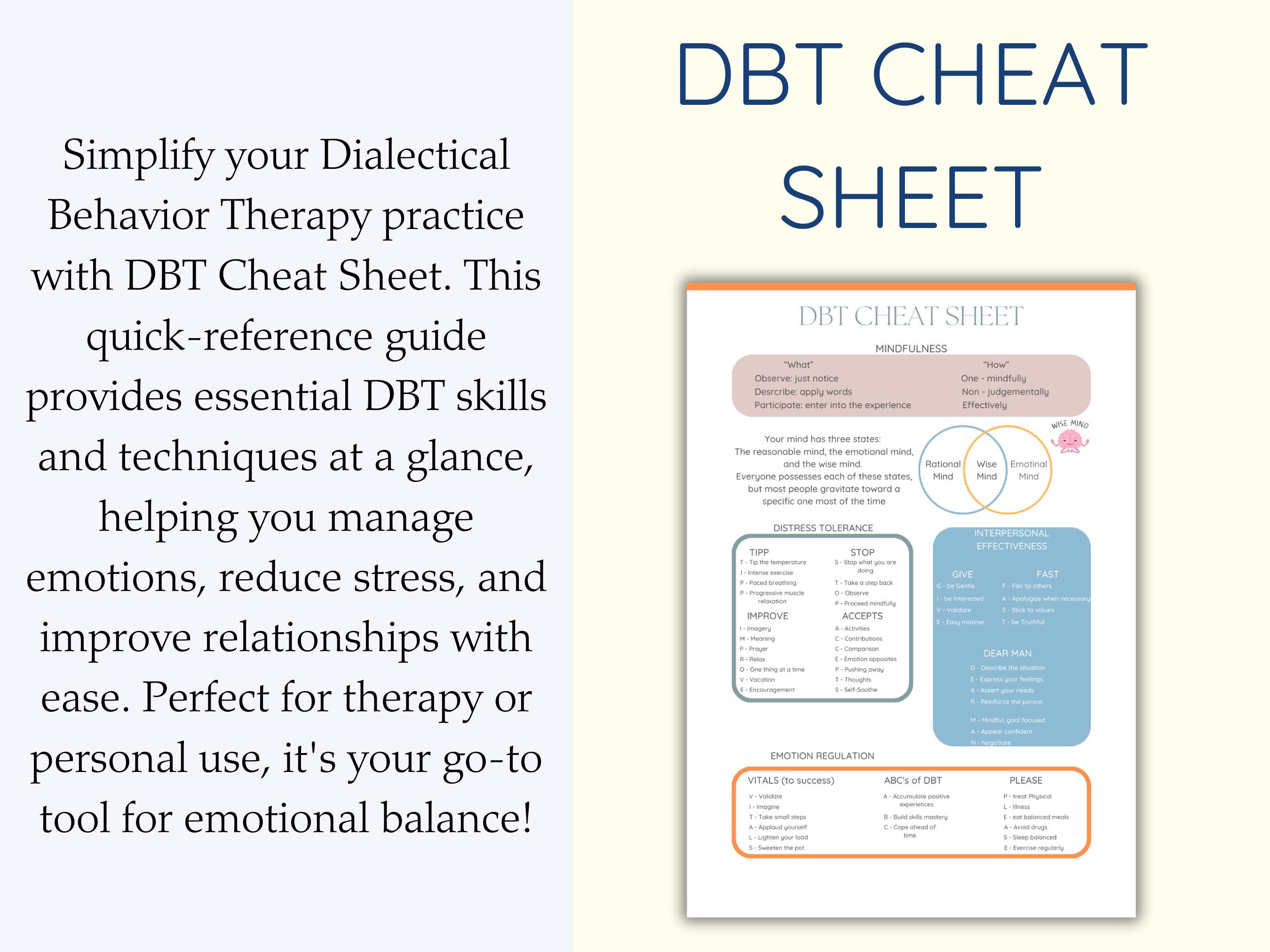 DBT Cheat Sheet Dialectical Behavior Therapy Guide Quick Reference for ...